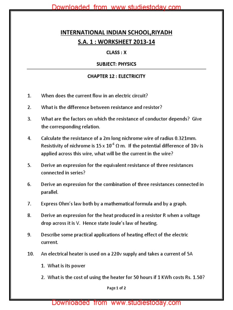 International Indian School, Riyadh S.A. 1: WORKSHEET 2013-14 | PDF