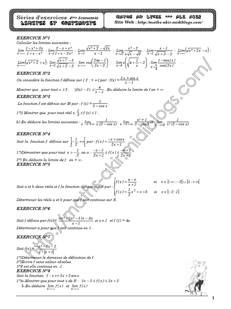 Série d'Exercices - Math - Limite Et Continuité - Bac Eco Gestion ...