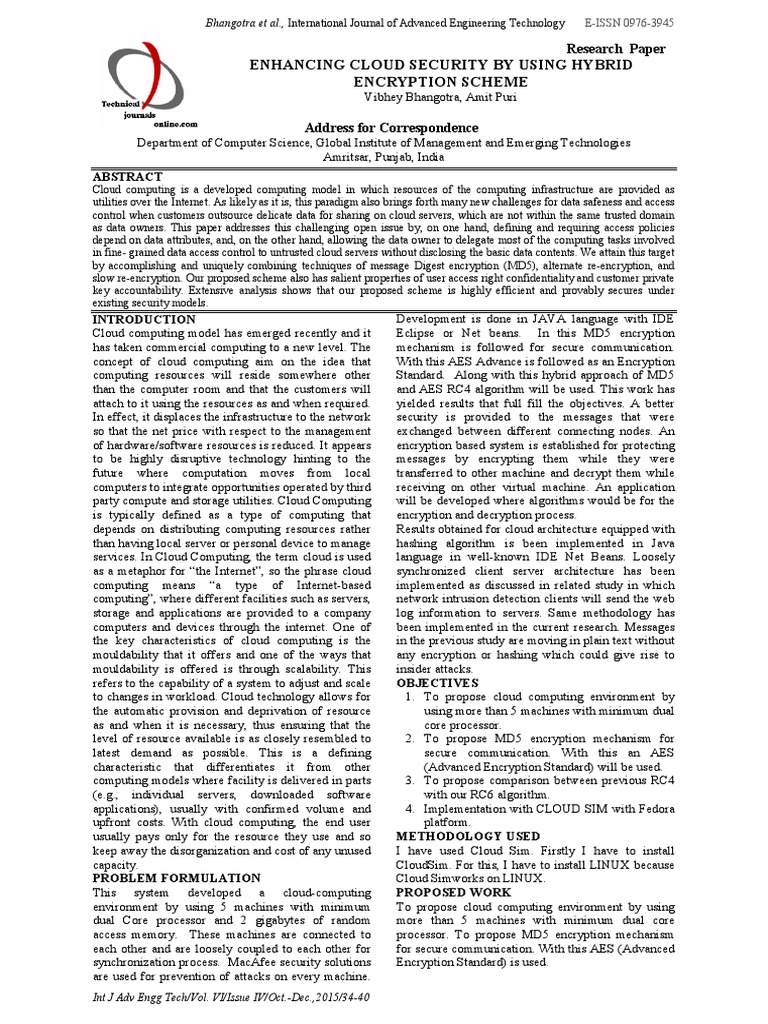 Enhancing Cloud Security by Using Hybrid Encryption Scheme: Research ...