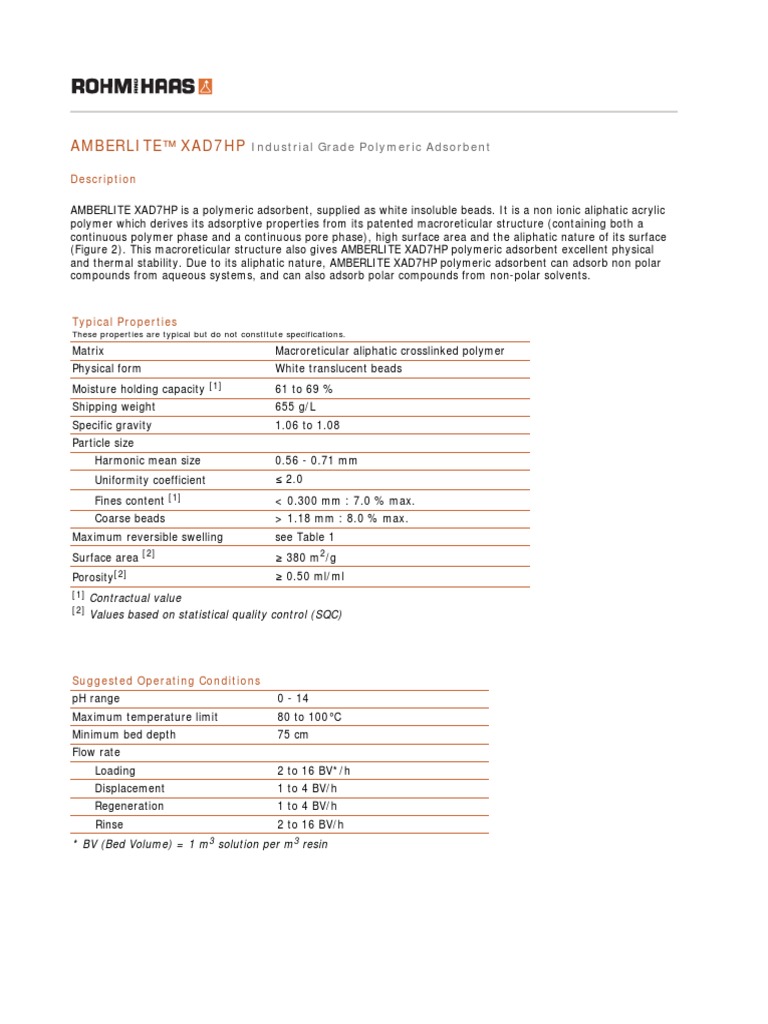 Amberlite™ Xad7Hp: Industrial Grade Polymeric Adsorbent | PDF ...