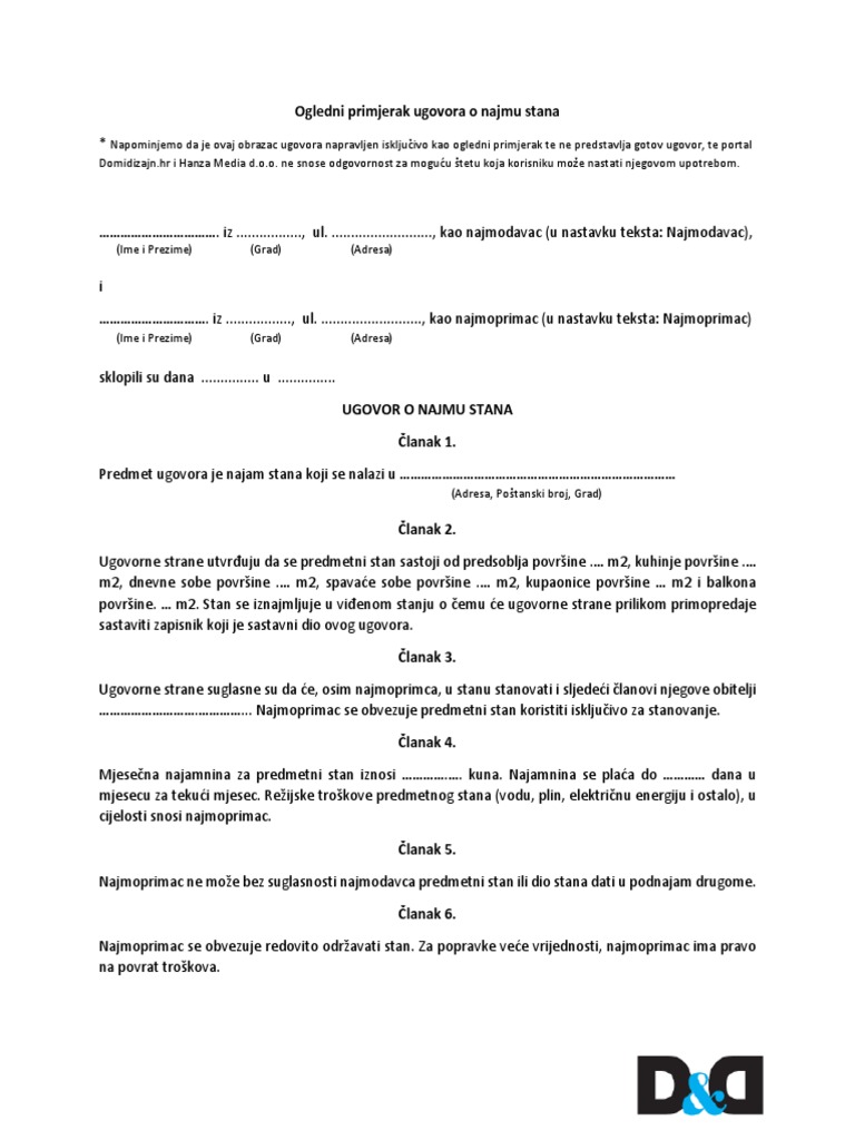 Dom I Dizajn-Ogledni Primjerak Ugovora o Najmu Stana | PDF