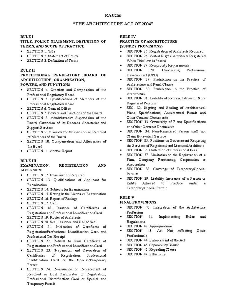 RA 9266 "The Architecture Act of 2004" | PDF | Licensure | Architect