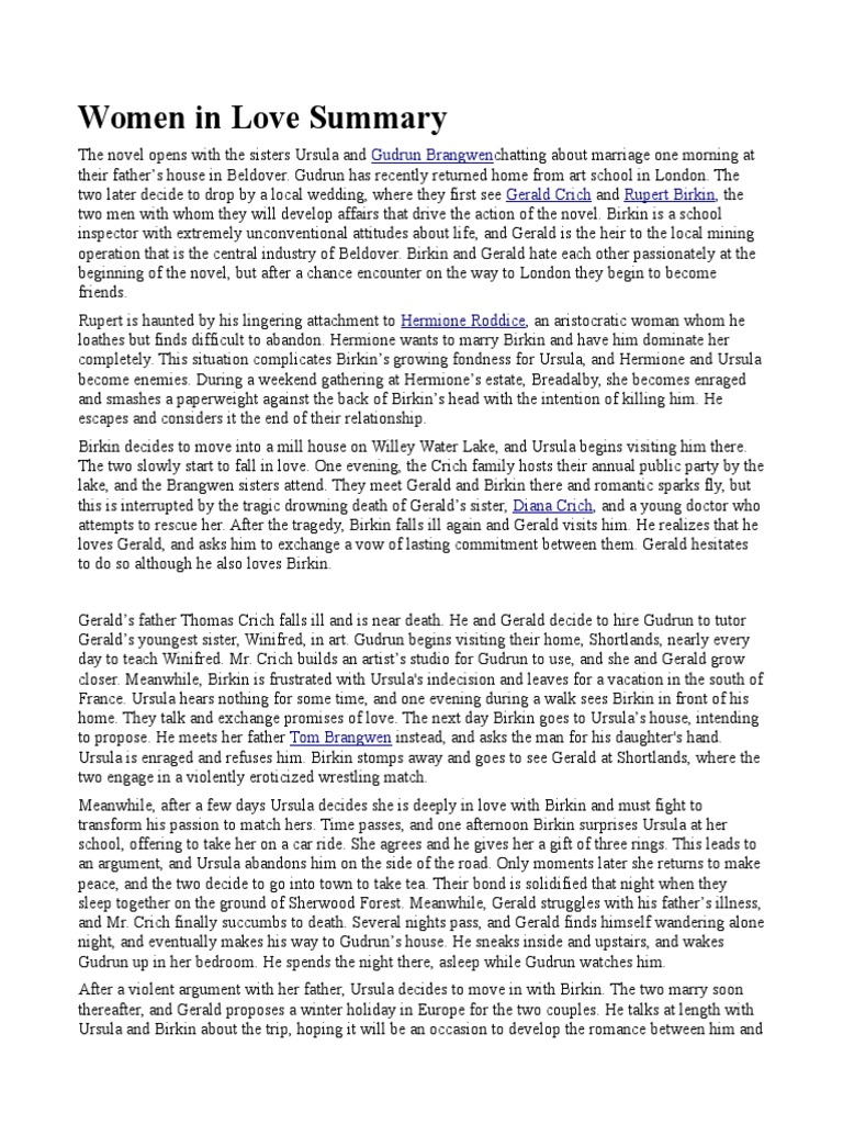 Women in Love Summary: Gudrun Brangwen Gerald Crich Rupert Birkin ...
