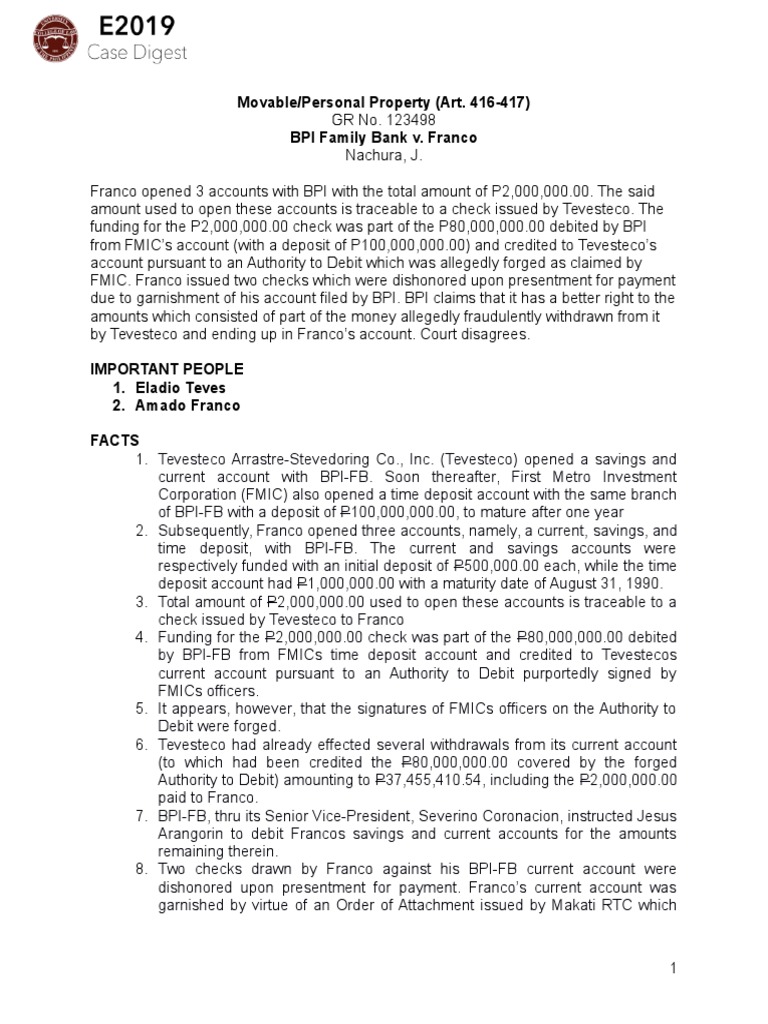 BPI Family Bank v. Franco | PDF | Ownership | Cheque