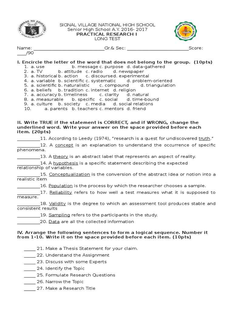 LONG TEST (Practical Research) | PDF | Validity (Statistics) | Science
