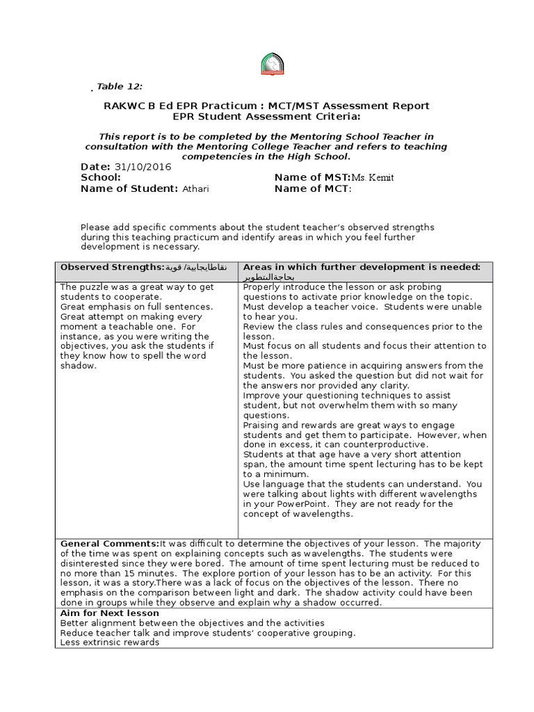 B Ed EPR Practicum Assessment Report | PDF | Communication | Cognitive ...