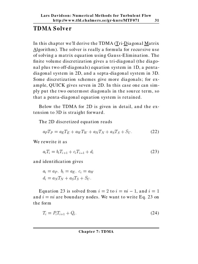 TDMA Solver: Lars Davidson: Numerical Methods For Turbulent Flow 31 | PDF