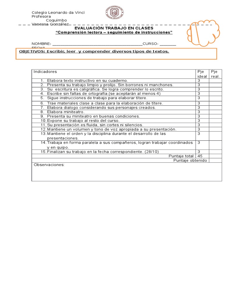 Pauta de Evaluacion Trabajo en Clases. Seguimiento de Instrucciones. | PDF
