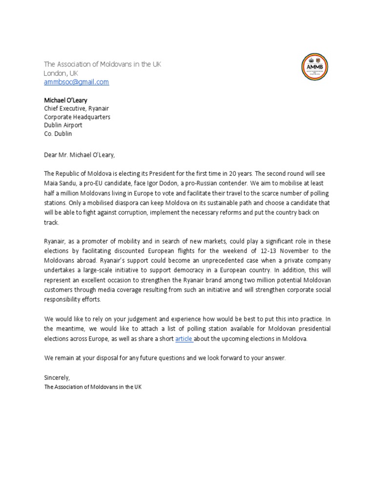 Letter To Ryanair From AMMB | PDF | Moldova | Government
