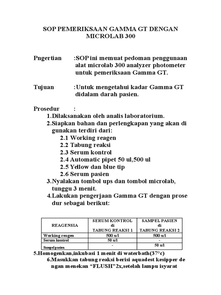 Sop Pemeriksaan Gamma GT Dengan Microlab 300 | PDF