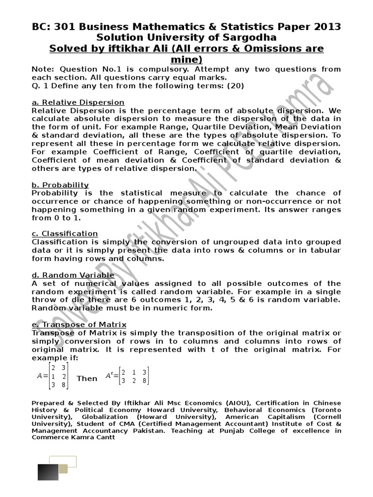 Business Math & Stat BCOM 1 | PDF | Matrix (Mathematics) | Compound ...