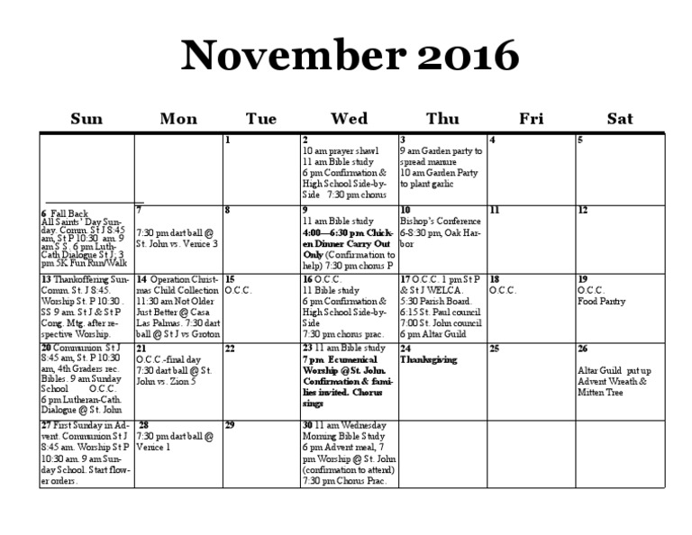 November 2016 Church Events Calendar | PDF