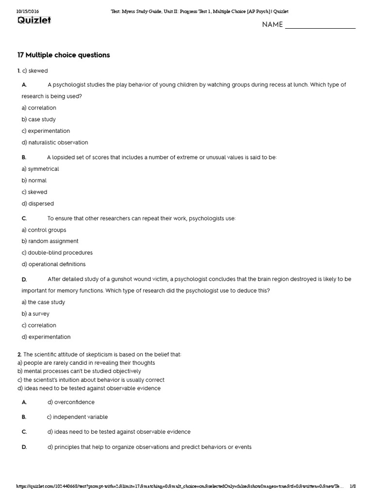 Test - Myers Study Guide, Unit II - Progr..., Multiple Choice (AP Psych ...