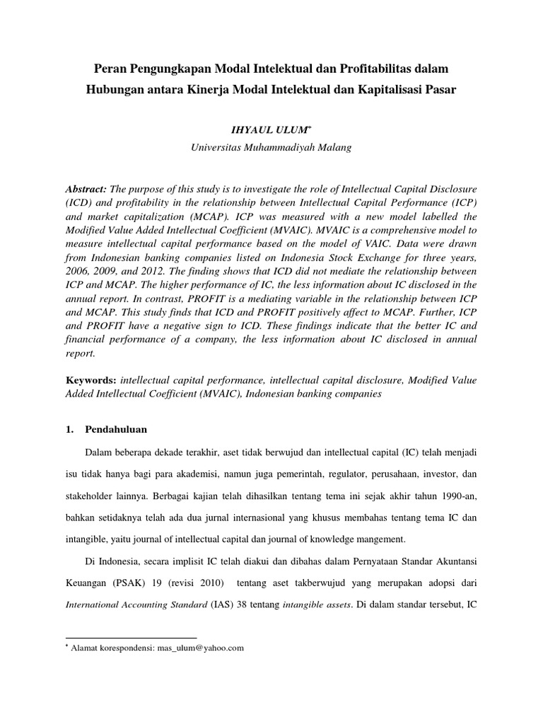 Peran Pengungkapan Modal Intelektual Dan Profitabilitas Dalam Hubungan Antara Kinerja Modal ...