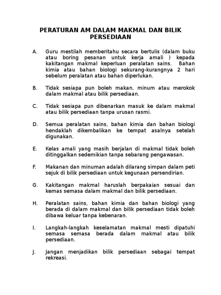 Peraturan Am Dalam Makmal Dan Bilik Persediaan SK | PDF