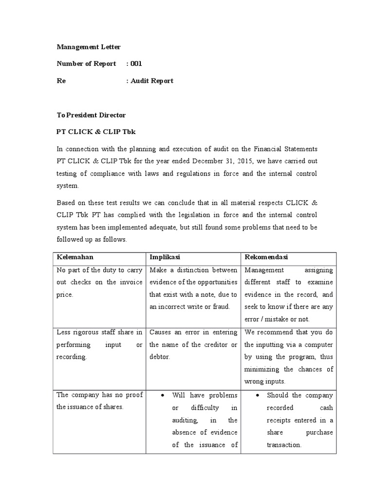 Audit Management Letter for PT CLICK & CLIP | PDF | Audit | Financial Audit