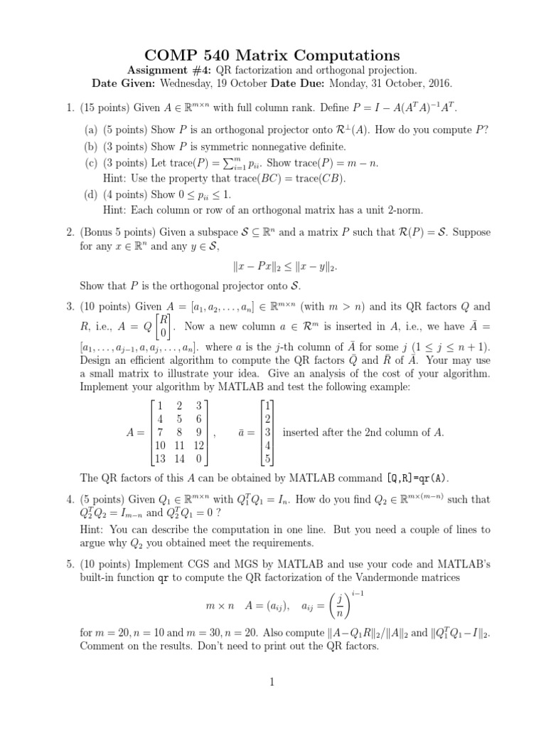 COMP 540 Matrix Computations: M×N T 1 T | PDF