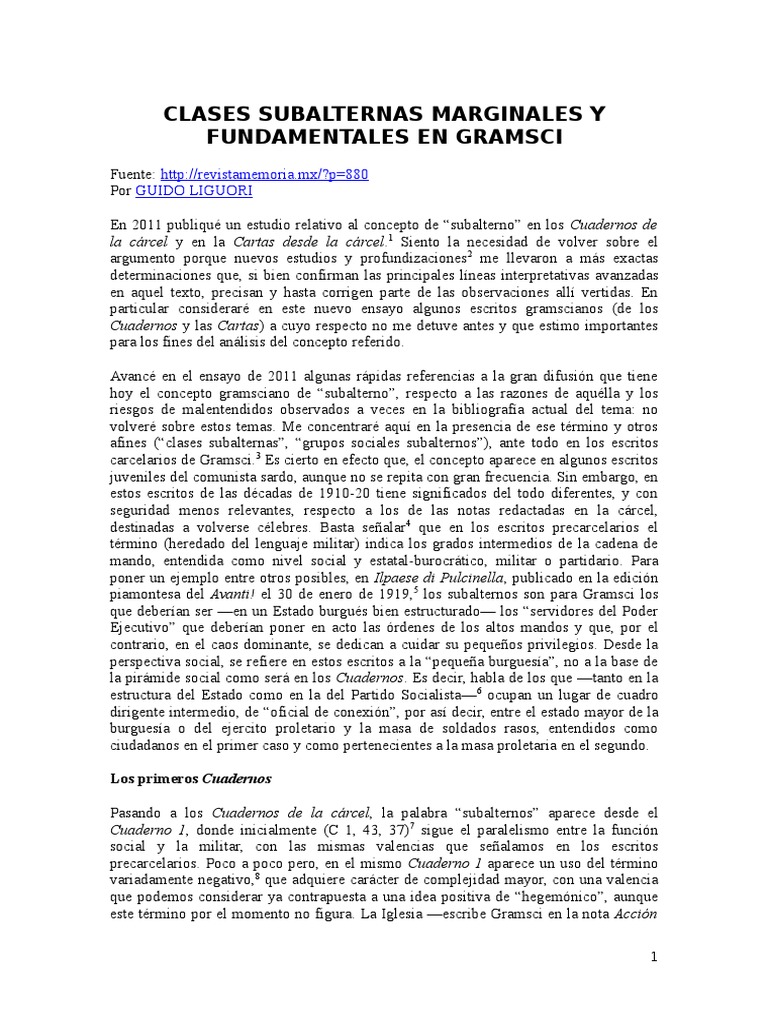 Clases Subalternas Marginales y Fundamentales en Gramsci | PDF ...
