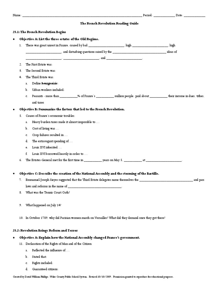 French Rev Reading Guide | PDF | Reign Of Terror | French Revolution