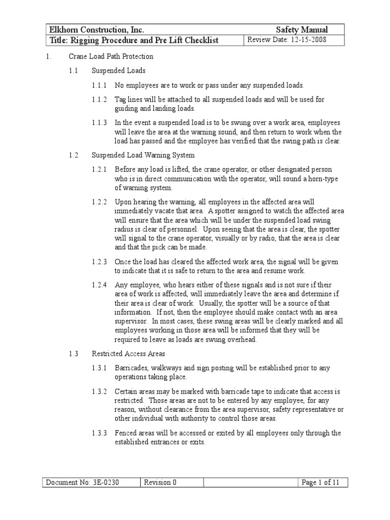 1. Rigging and Pre Lift Checklist | Crane (Machine) | Elevator