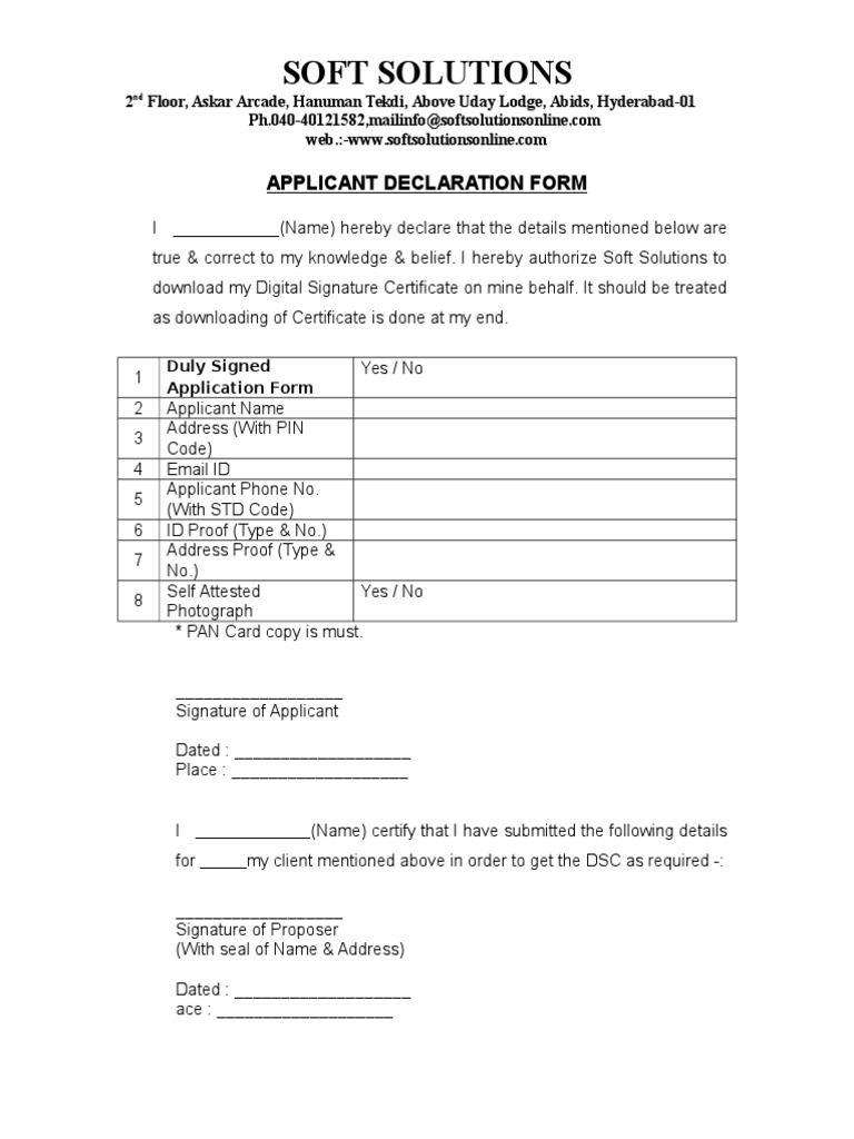 Applicant Declaration Form Attach With DSC Form | PDF | Identity Document | Government And ...