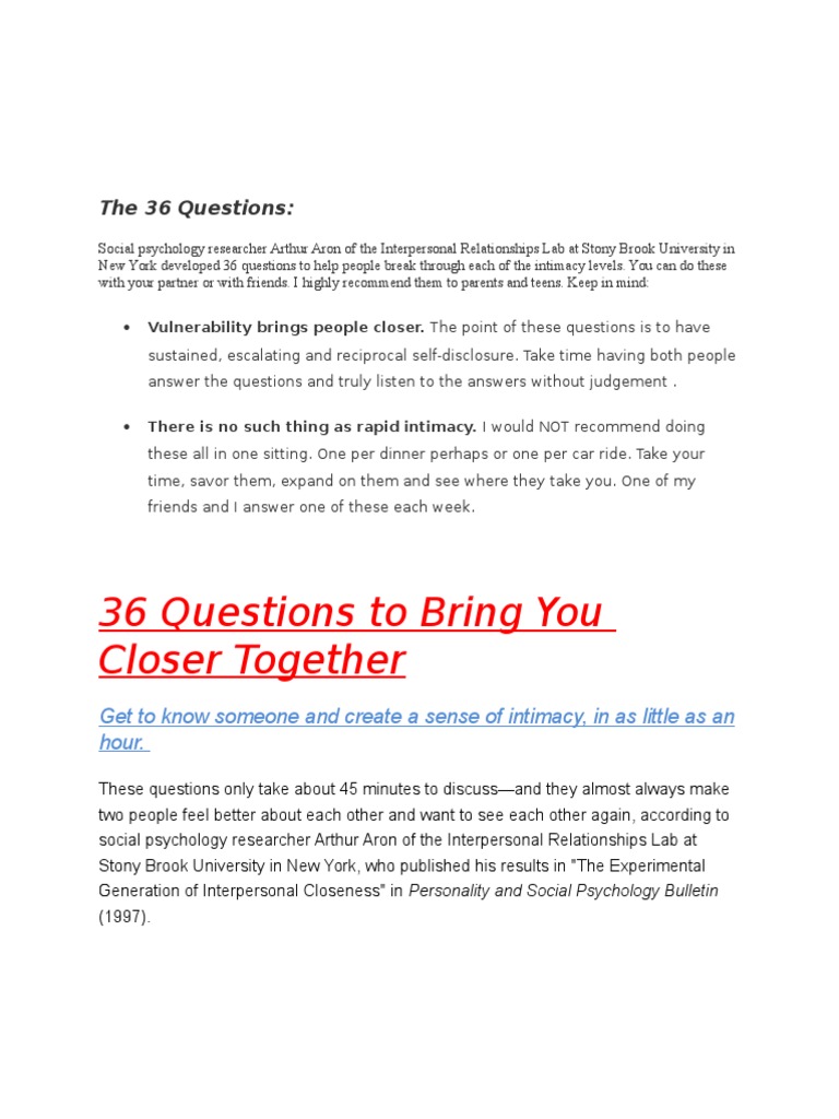 The 36 Questions Arthur Aron | Interpersonal Relationships | Intimate ...