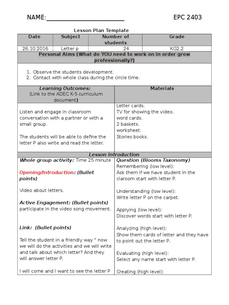 NAME: - EPC 2403: Lesson Plan Template Date Subject Number of Students ...