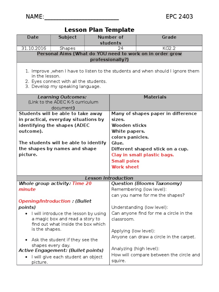 Lesson Plan 4 Shapes | PDF | Lesson Plan | Classroom