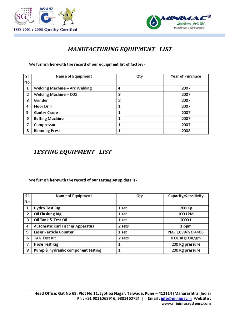 Manufacturing Equipment List | PDF