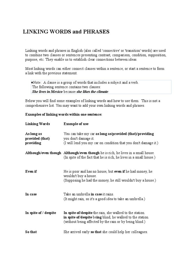 Linking Words and Phrases | PDF | Sentence (Linguistics) | Phrase