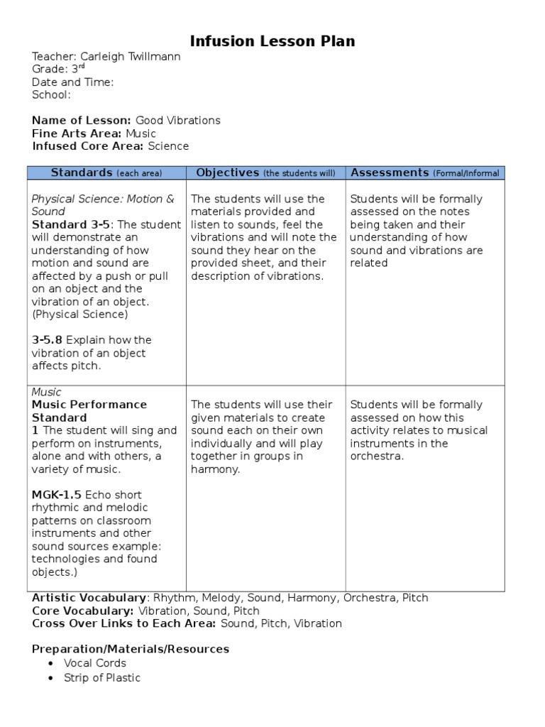 Infusion Lesson Plan: Physical Science: Motion & Sound | PDF