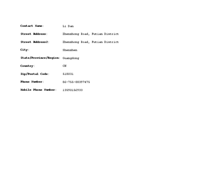 Contact Name: Street Address: Street Address2: City: State/Province ...