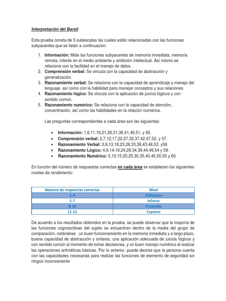 Interpretación Del Barsit Con 5 Escalas | PDF