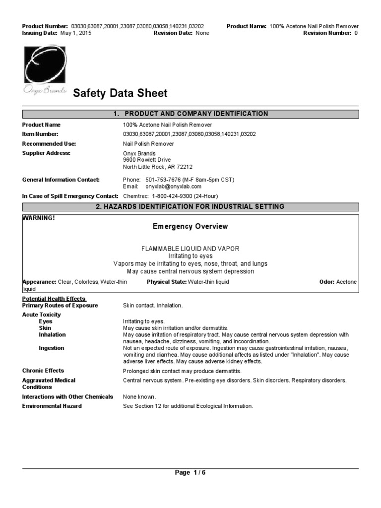 Onyx Acetone MSDS | PDF | Resource Conservation And Recovery Act | Personal Protective Equipment