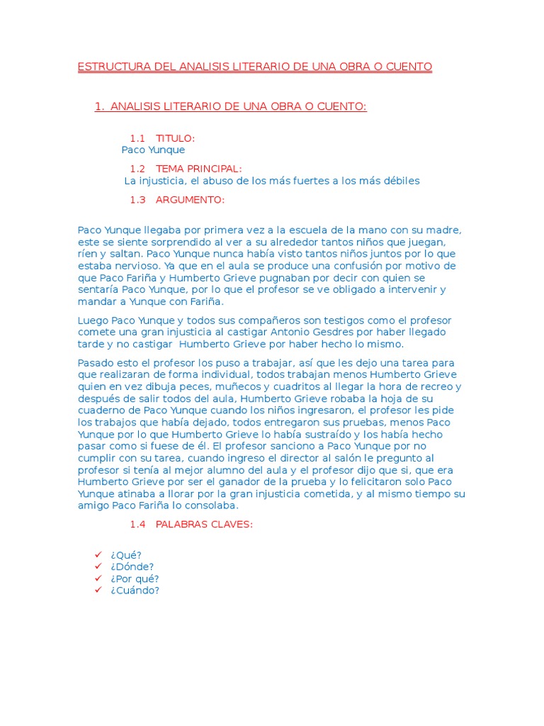 Estructura Del Analisis Literario de Una Obra o Cuento | PDF | Arte ...