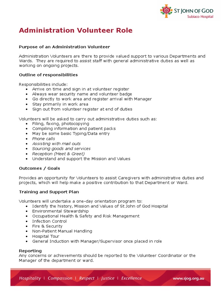 Admin Volunteer Role | PDF | Volunteering | Hospital