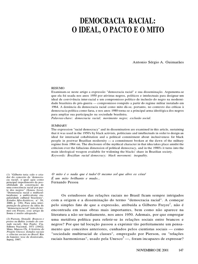 Democracia Racial - o Ideal, o Pacto e o Mito | PDF | Racismo ...
