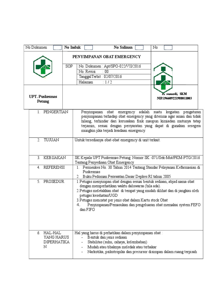 SOP 2016 PENYIMPANAN OBAT Emergency Di Unit Pelayanan | PDF
