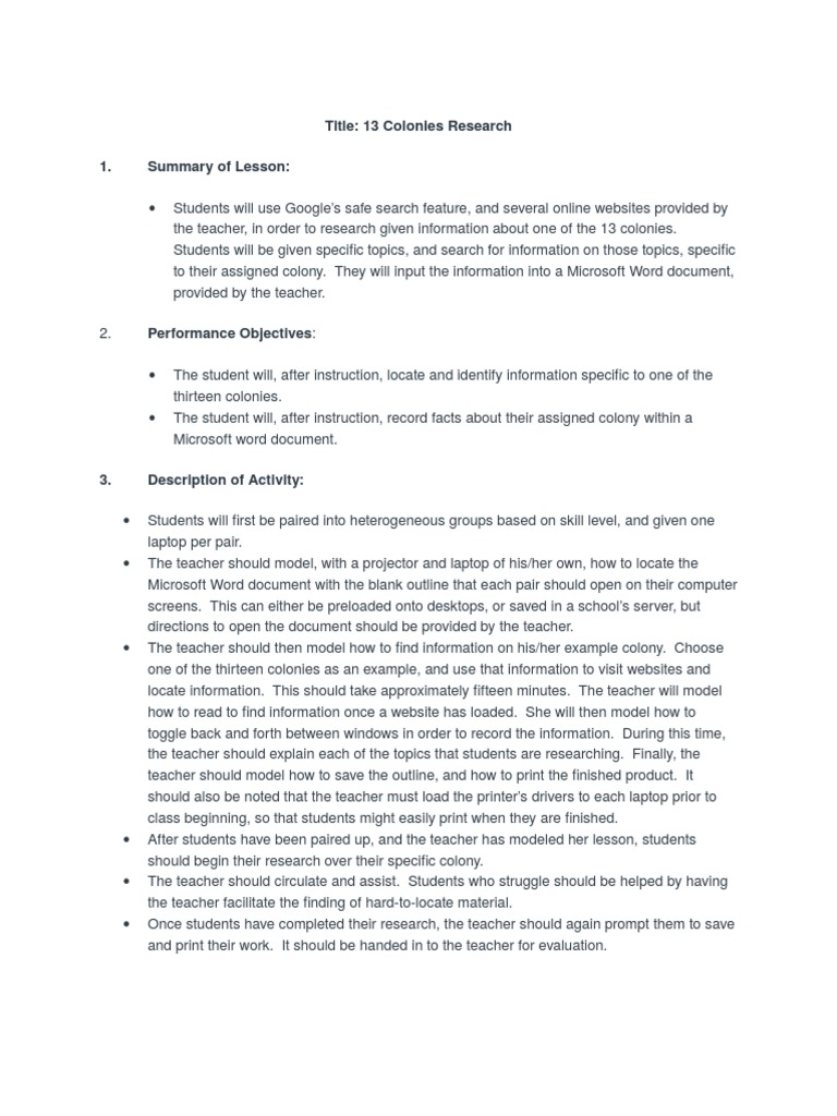13 Colonies Lesson Plan | PDF | Websites | Evaluation