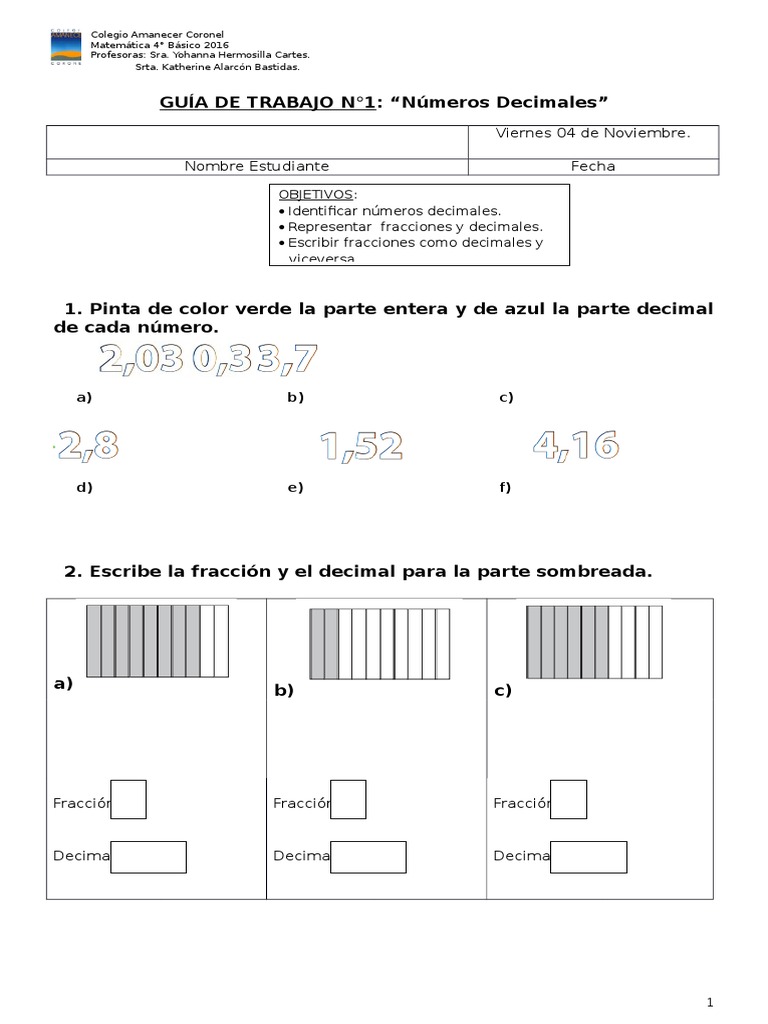 Guía 1 Números Decimales 4° Básico | PDF | Lexicología | Fracción ...