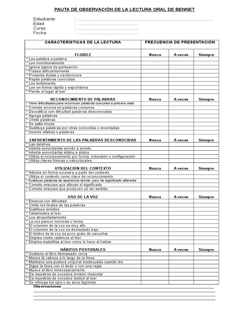 Pauta de Observación de La Lectura Oral de Bennet | PDF