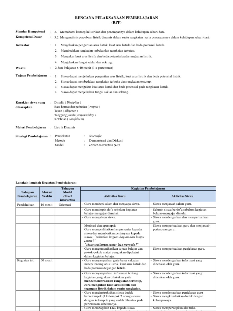 RPP Ipa Kelas 9 Tentang Listrik Dinamsi | PDF