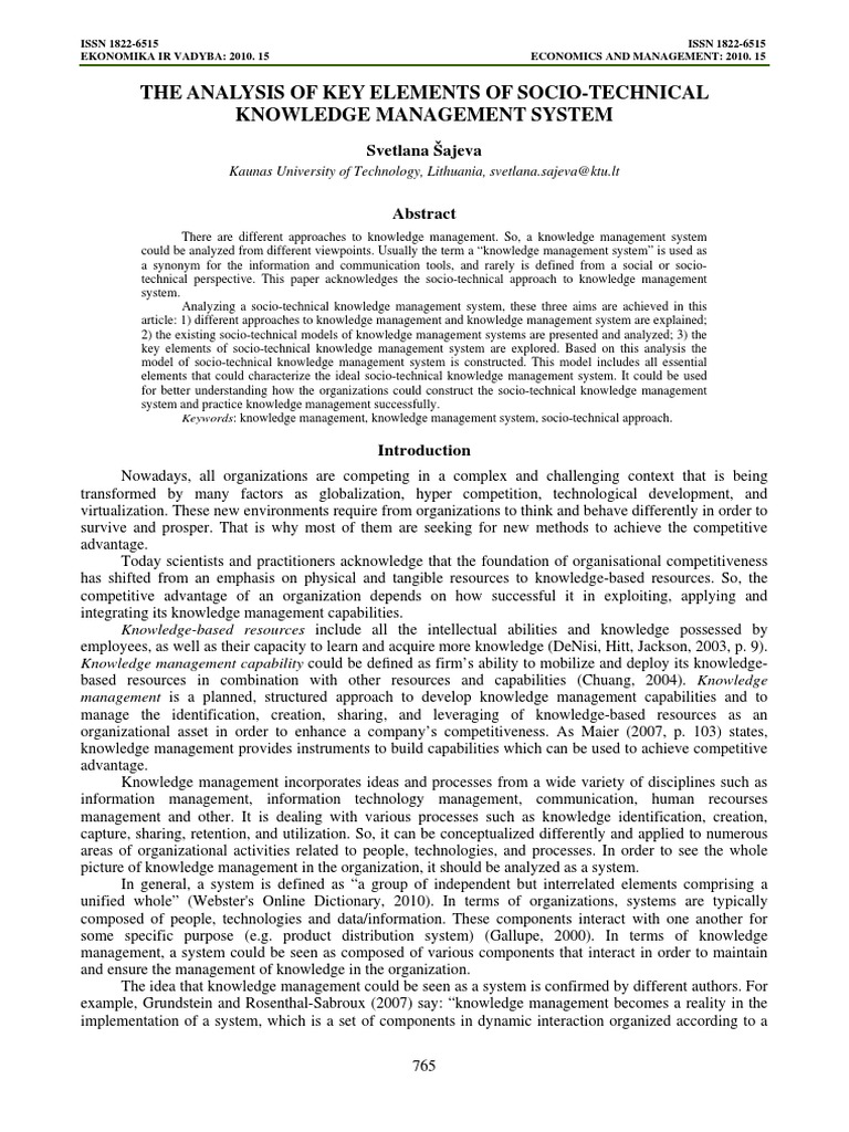 The Analysis of Key Elements of Socio-Technical Knowledge Management System | PDF
