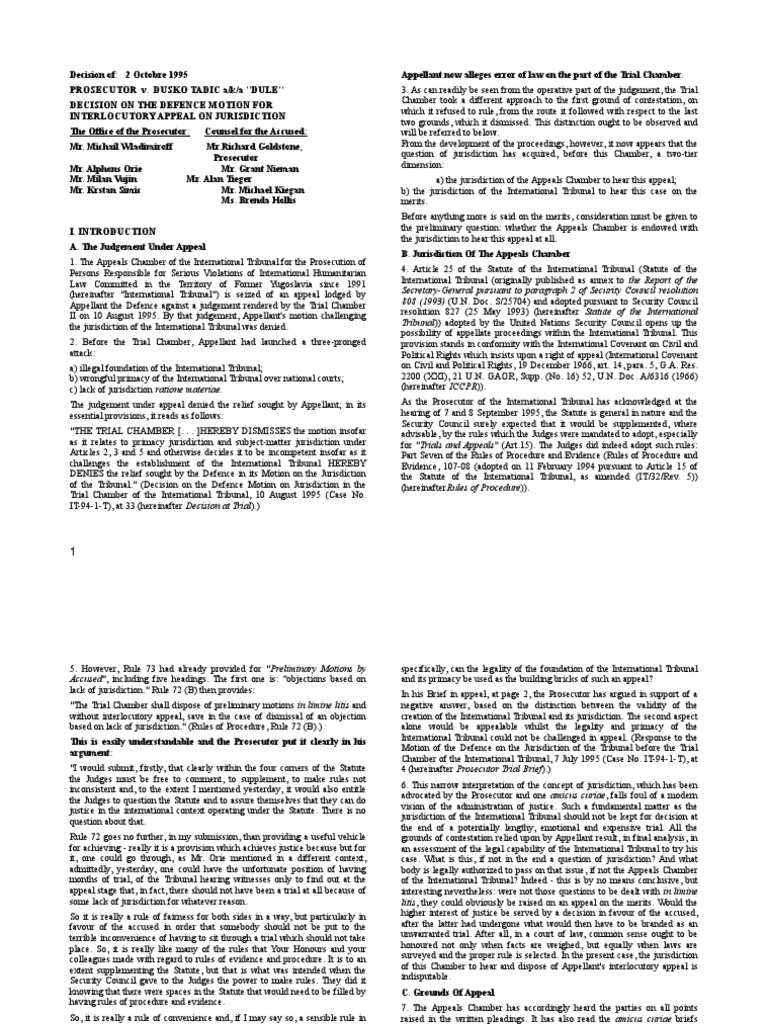 Prosecutor V Dusko Tadic | PDF | Jurisdiction | Advisory Opinion