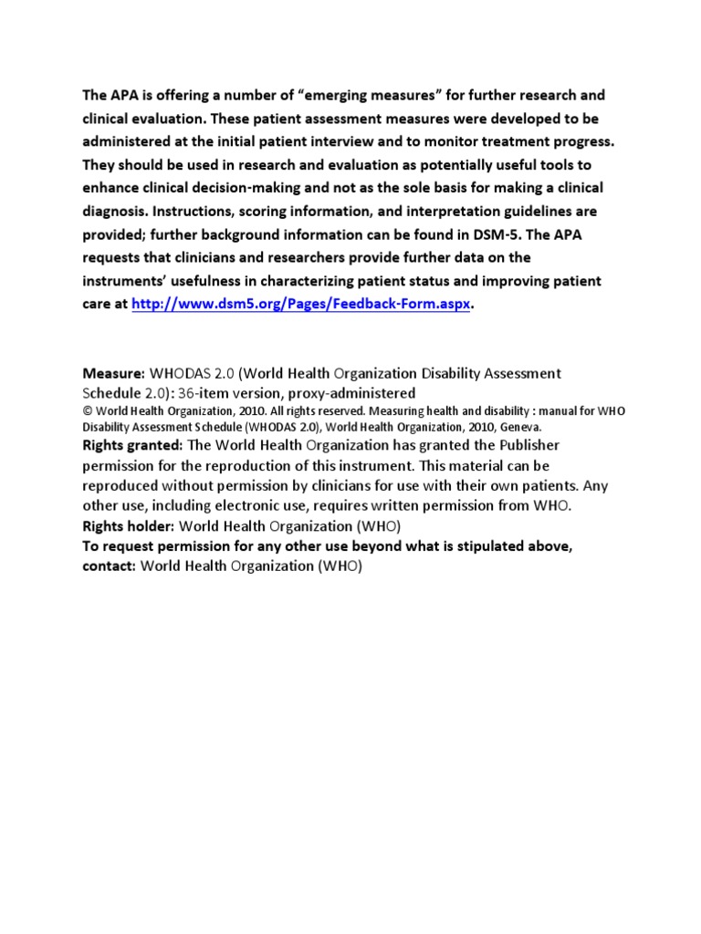 APA - DSM5 - WHODAS 2 Proxy Administered PDF | Download Free PDF ...