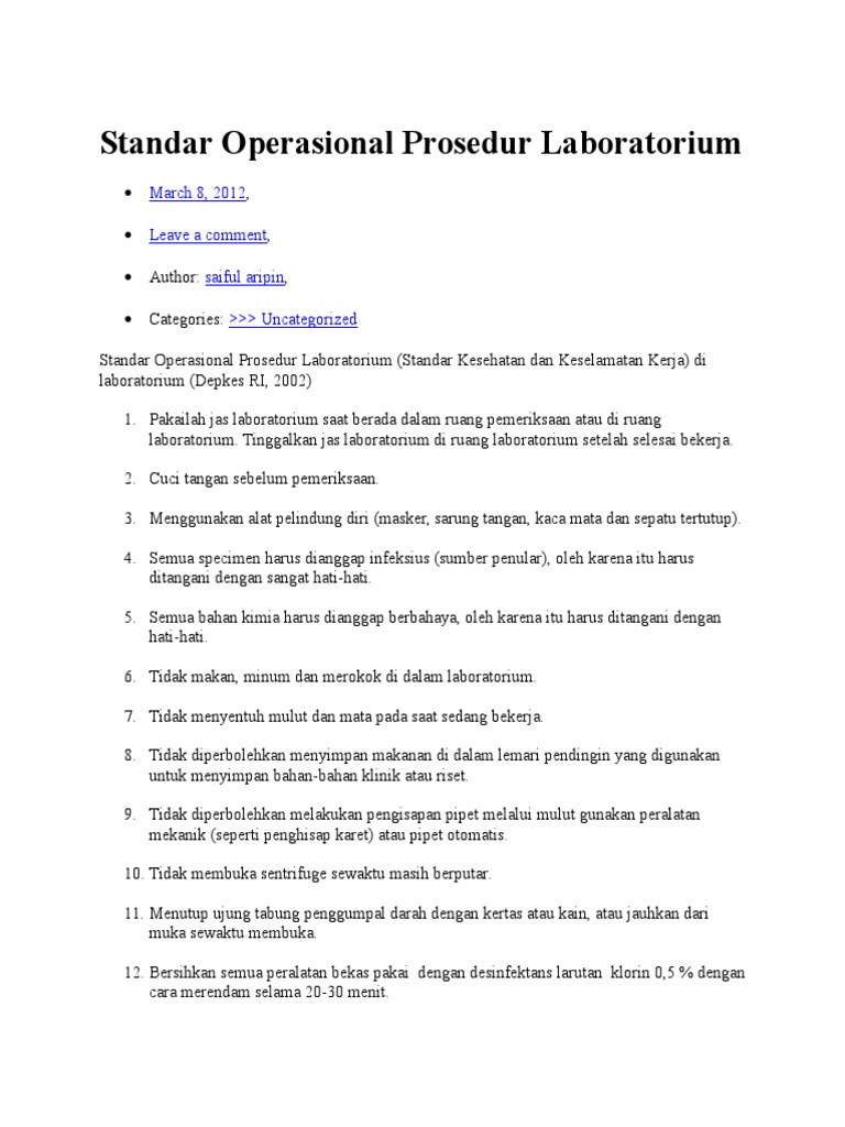 Standar Operasional Prosedur Laboratorium | PDF