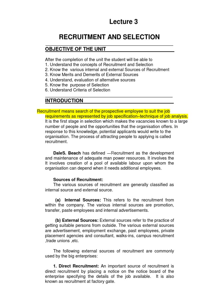 Lecture 3 - Recruitment and Selection | PDF | Recruitment | Employment