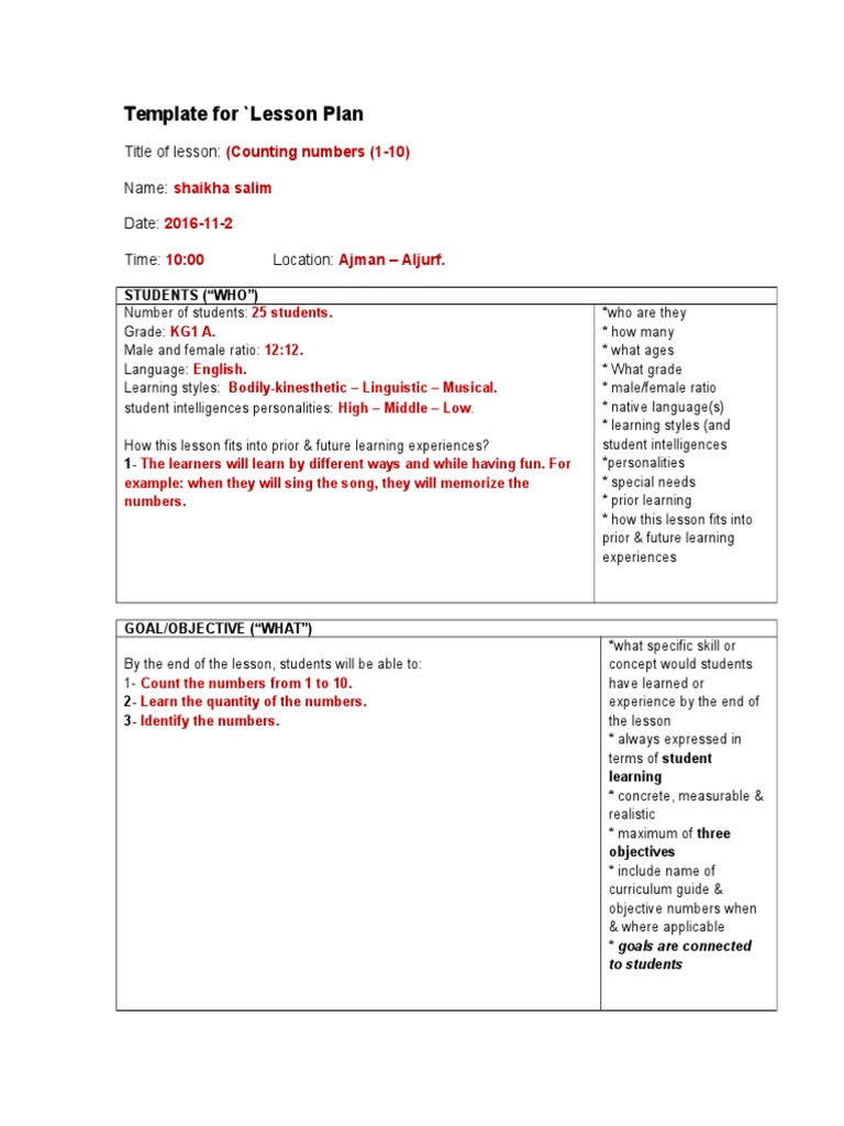 Template For 'Lesson Plan: Title of Lesson: Name: Date: Time: Location ...
