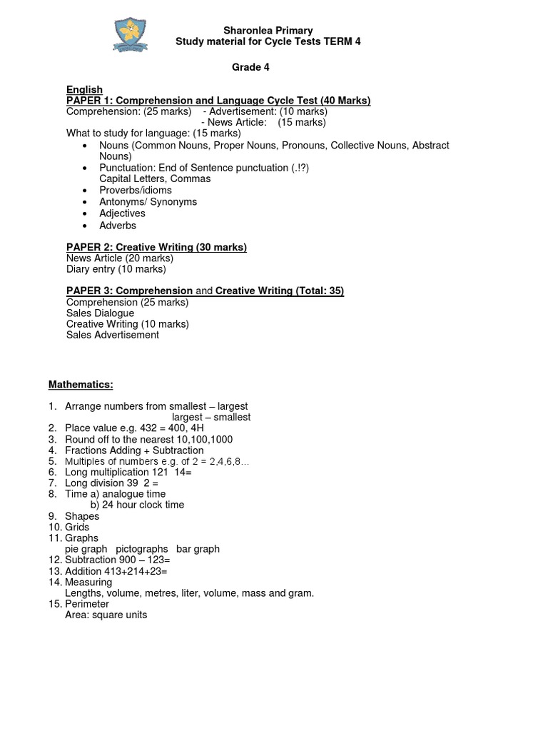 Grade 4 Term 4 Study Guide | PDF