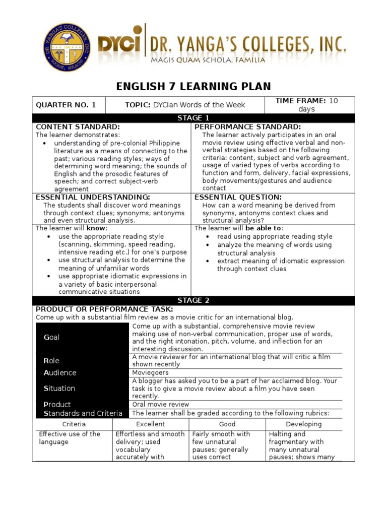 English 7 Learning Plan | PDF | Nonverbal Communication | Vocabulary